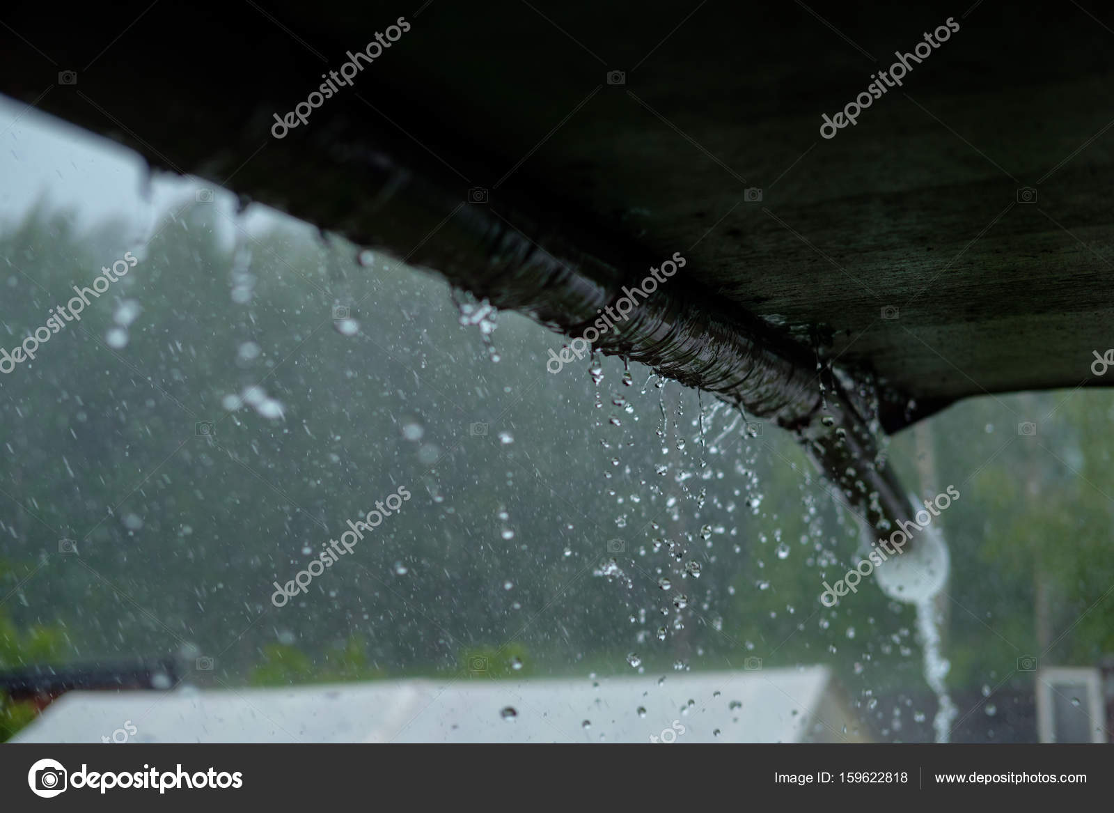 There is a downpour. From the roof of the country house flows water ...