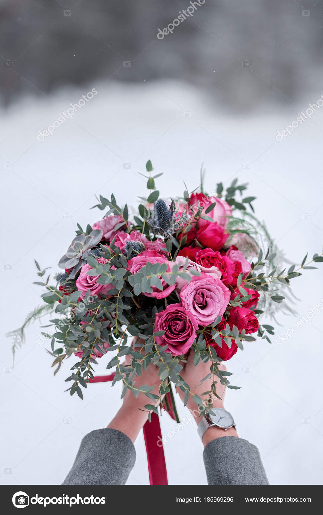 Beautiful bouquet with roses and eucalyptus Stock Photo by ...
