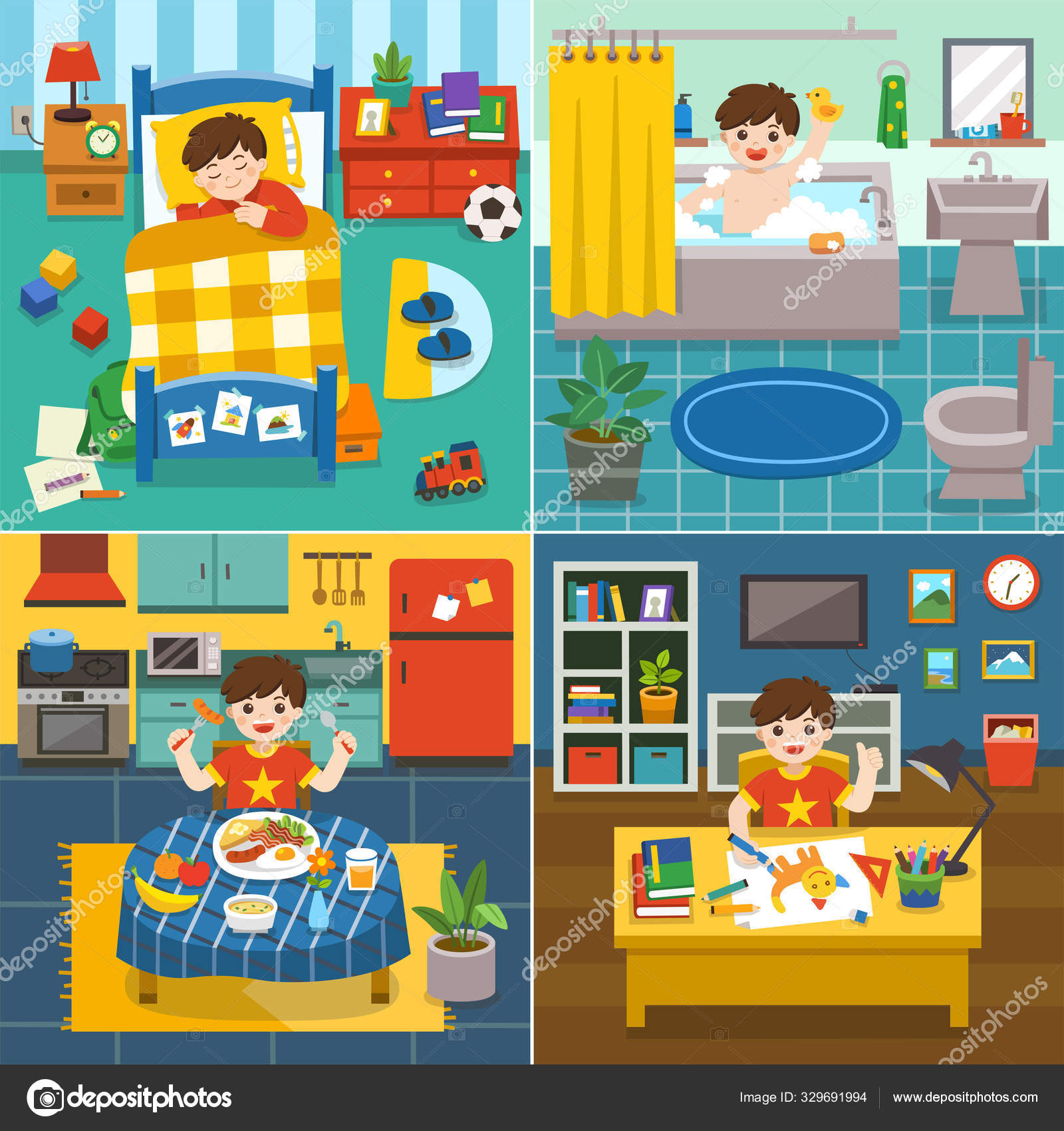 The daily routine of Little Boy sleeping, taking a bath, have breakfast ...