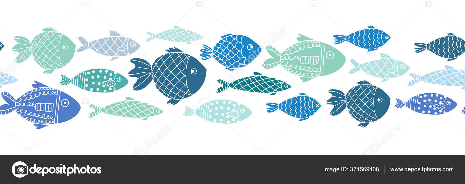 Peces azules borde vectorial sin costura. Doodle line arte océano ...