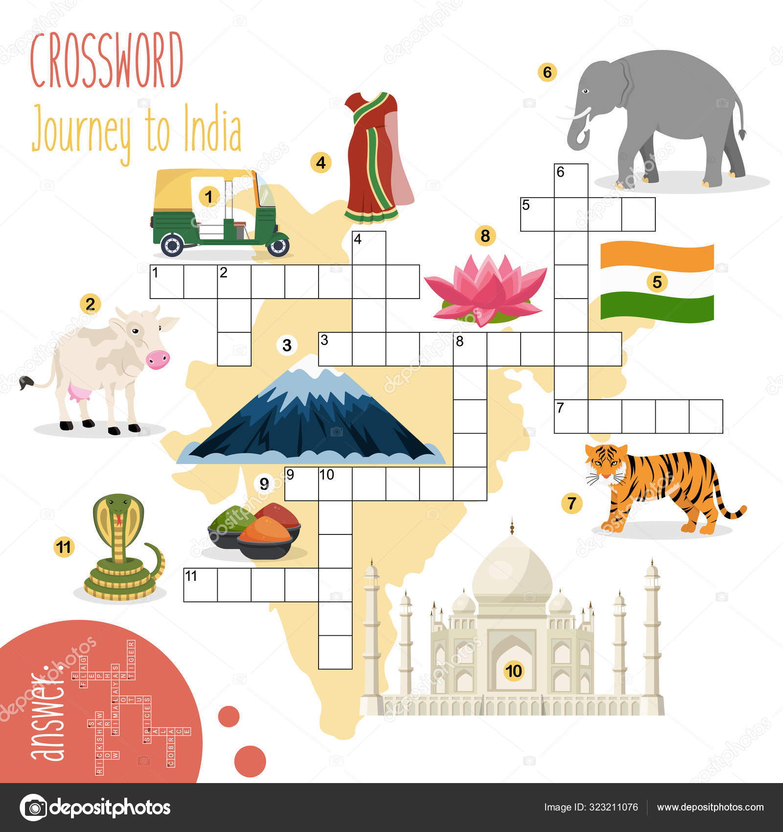 Easy Crossword Puzzle 'Journey India' Children Elementary Middle School ...