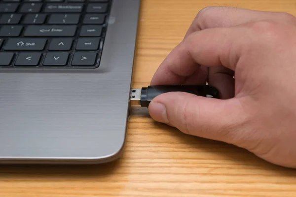 Hand Inserting Usb Flash Drive Laptop Computer White Background Close ...