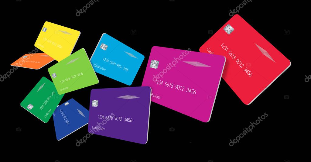 Nueve tarjetas de cr dito o d bito en los colores del espectro flotan sobre un fondo negro en ...