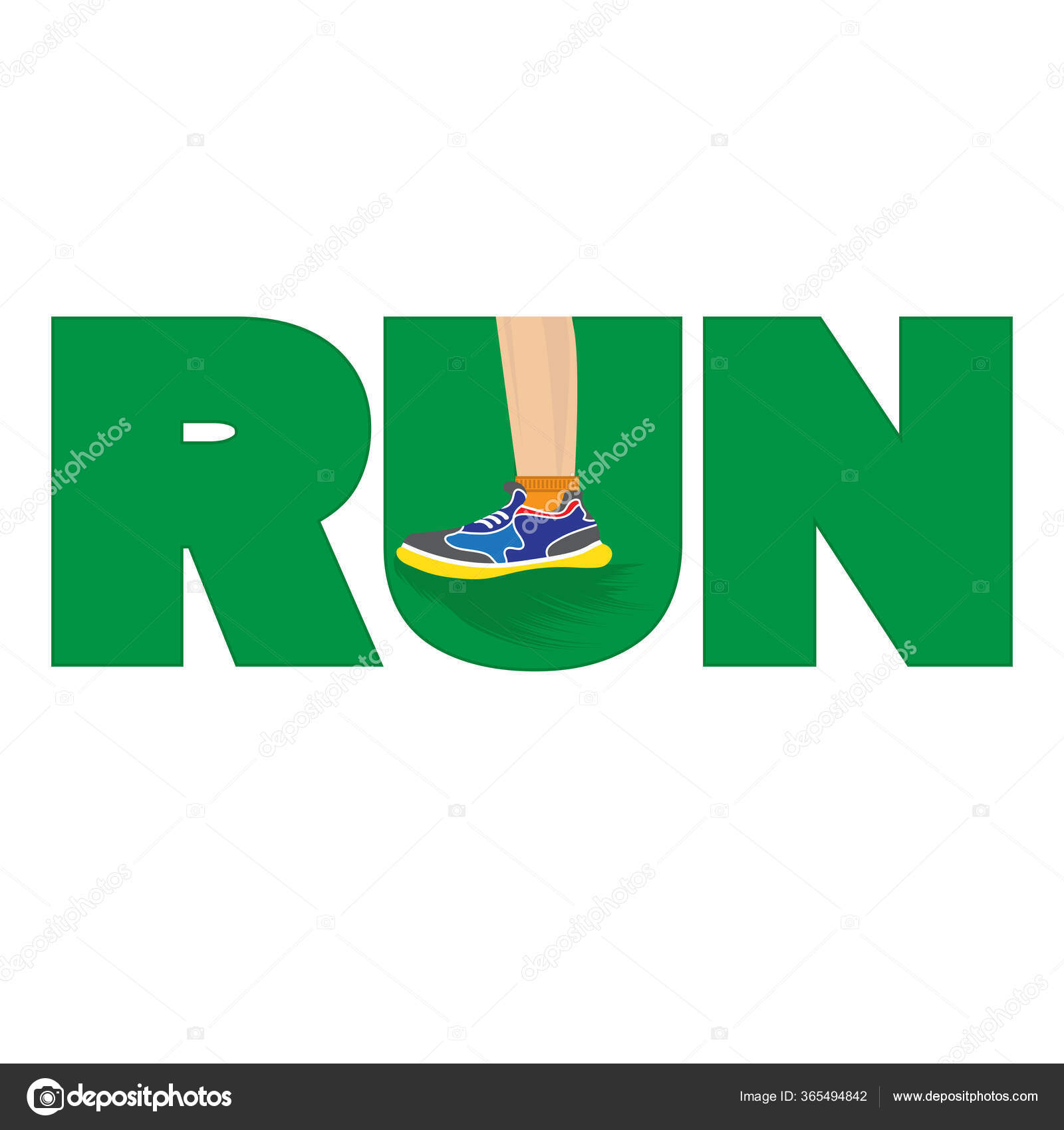 Green RUN Text and Running Shoes Isolated on White Background — Stock ...