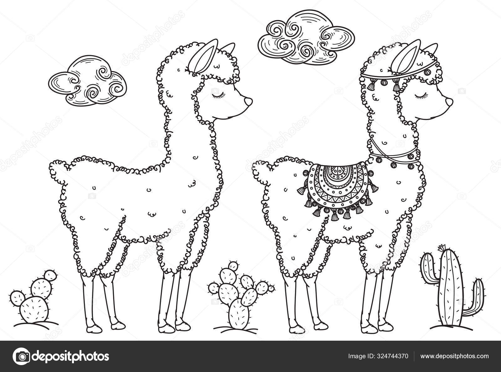 Vector baby llama cartoons, black silhouette for coloring. Stock Vector ...