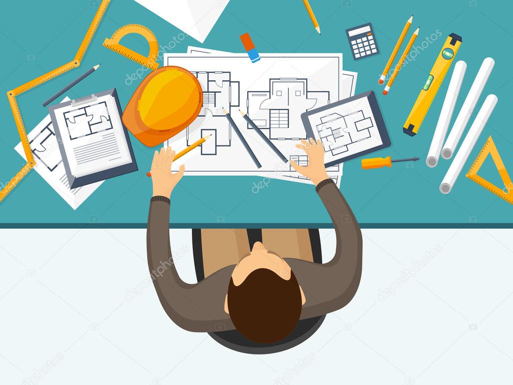 Ilustración vectorial. Ingeniería y arquitectura. Dibujo, construcción ...