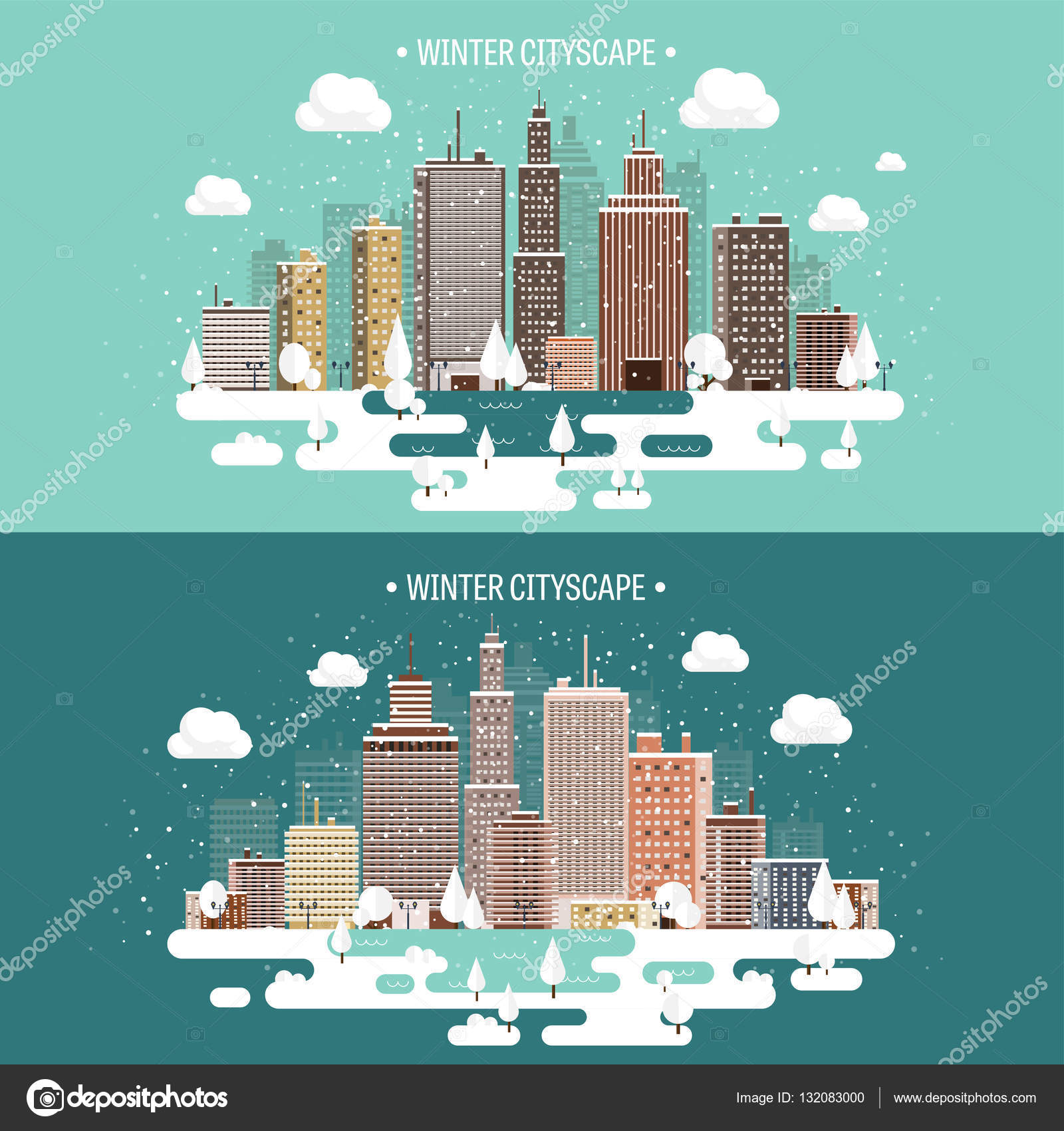 Vector illustration. Winter urban landscape. City with snow. Christmas ...