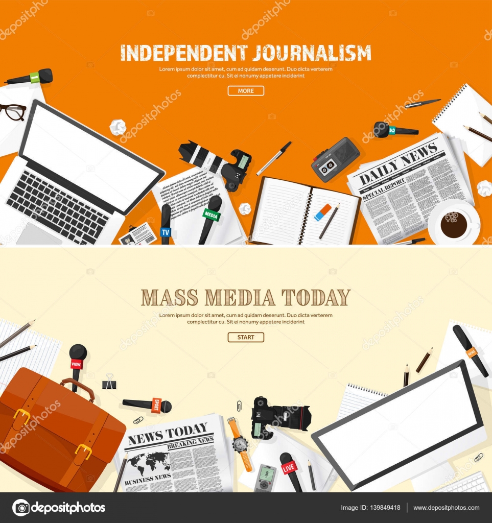 Mass media background in a flat style.Press conference with ...