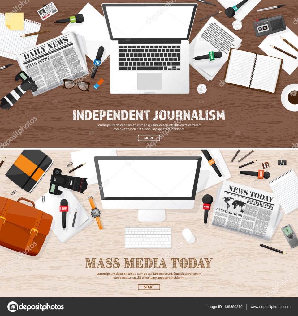 Mass media background in a flat style.Press conference with ...