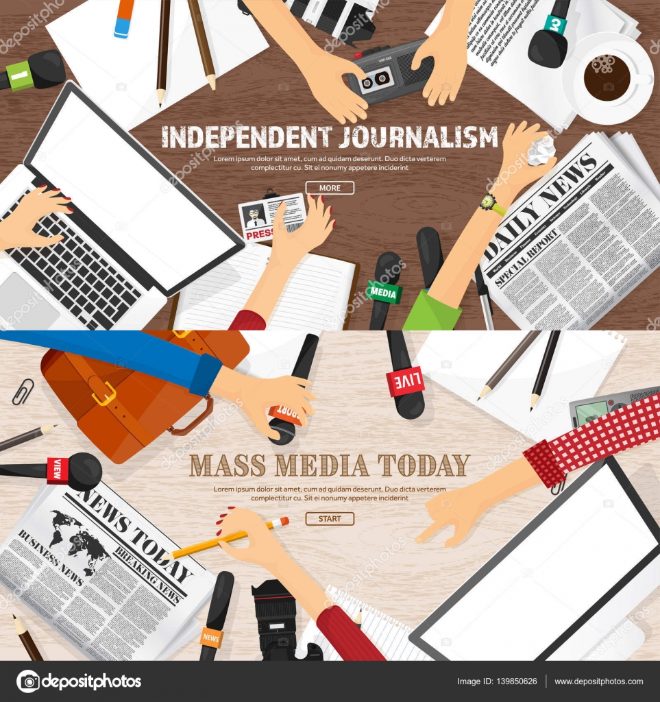 Mass media background in a flat style.Press conference with ...