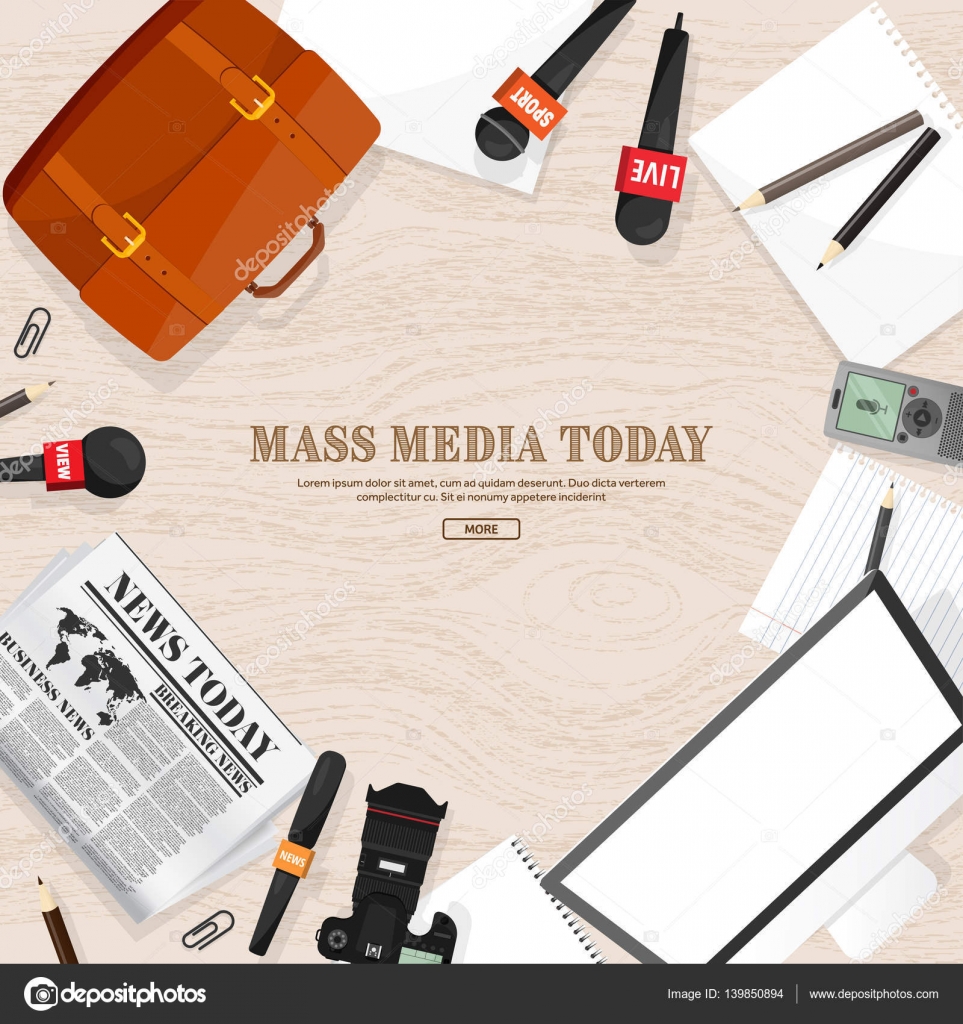 Mass media background in a flat style.Press conference with ...