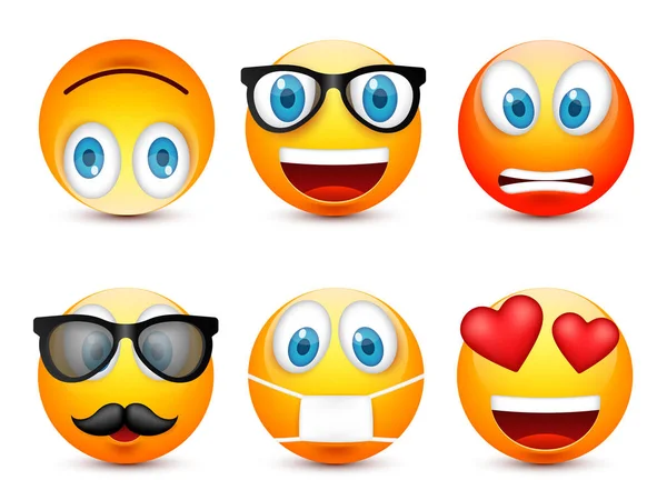 Smiley-val kék szeme, érzelem-készlet. Kinek arca is sárga az ...