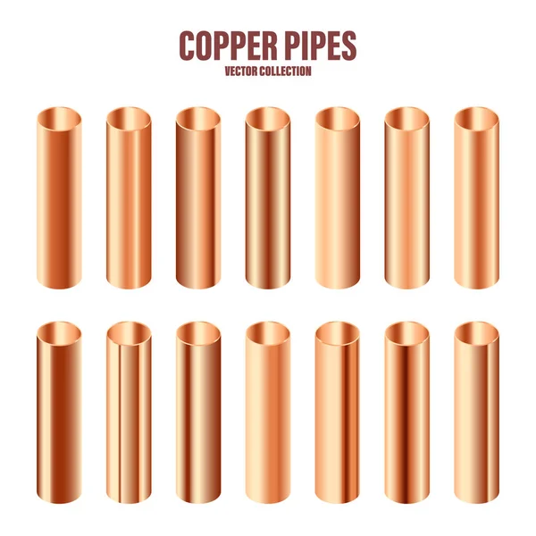 Copper pipes collection. Construction material. Polished metal texture ...