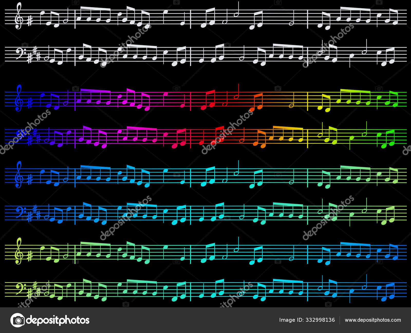 Musical notes in color on a black background. Melody melody symb ...