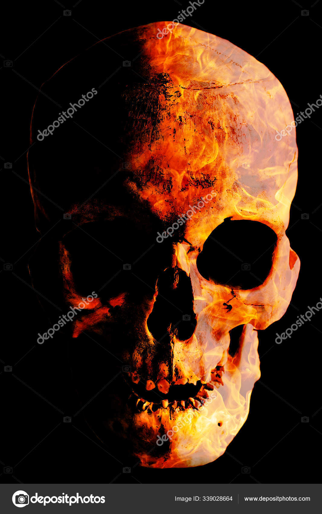 Human skull with a fiery texture. Hellfire on the skull. Illustr ...