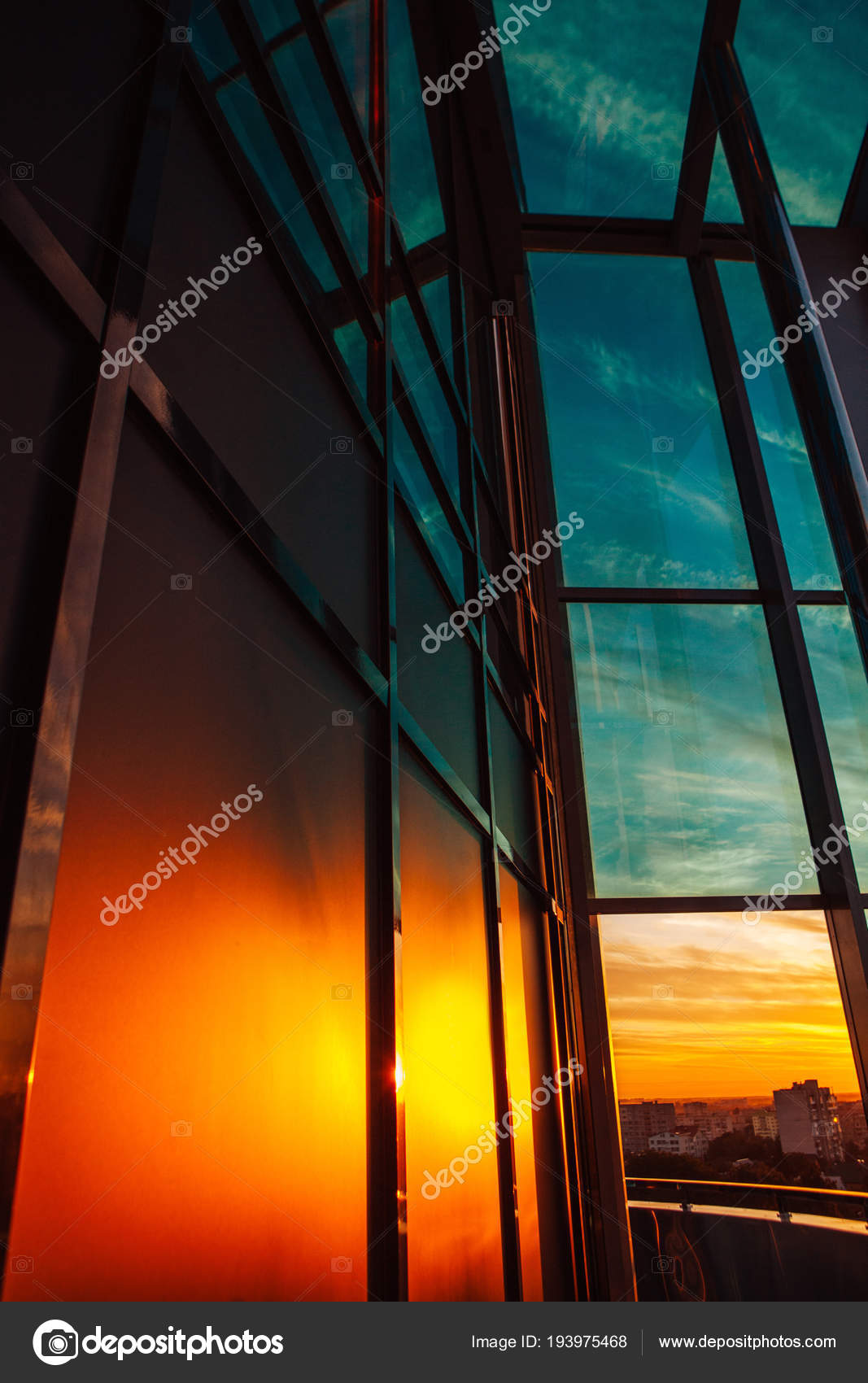 High Rise Building Glass Reflects Sunset Evening City Stock Photo by ...