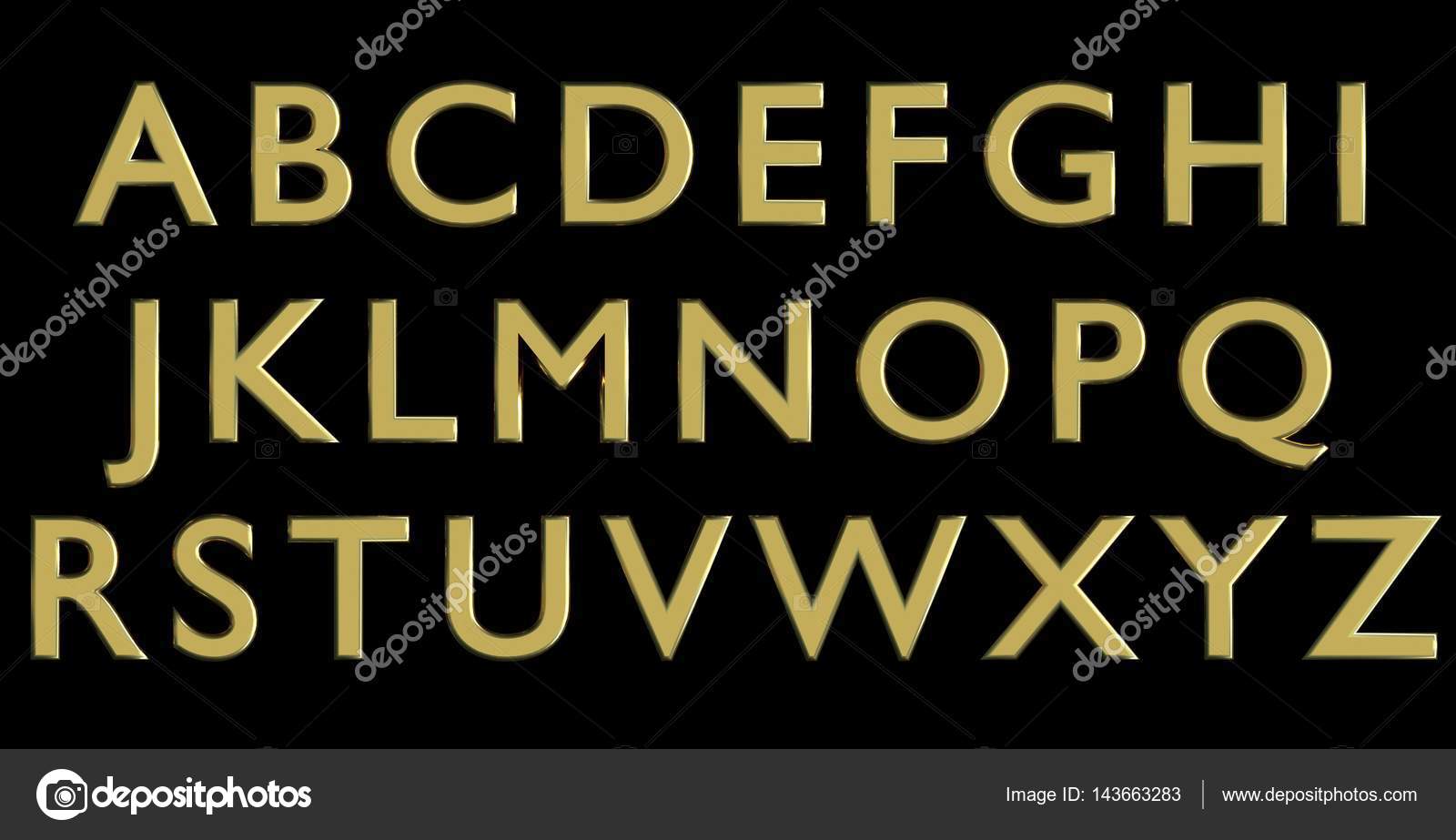 English alphabet in gold upper case letters, custom 3D font variant ...