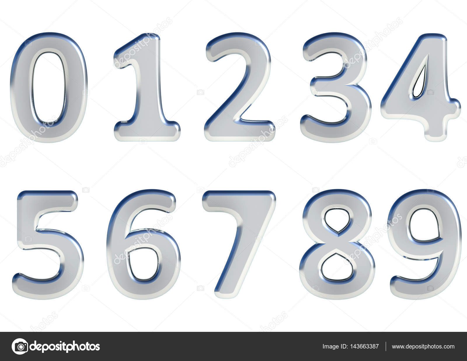 Satz 3D gerenderter Zahlen, 0-9. silber glänzende Farbe auf weißem ...