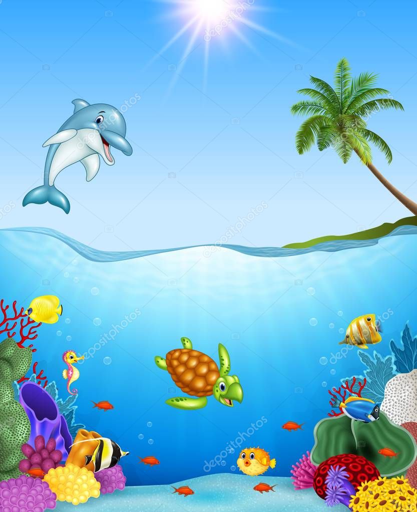 Dibujos animados peces tropicales y hermoso mundo submarino 2024