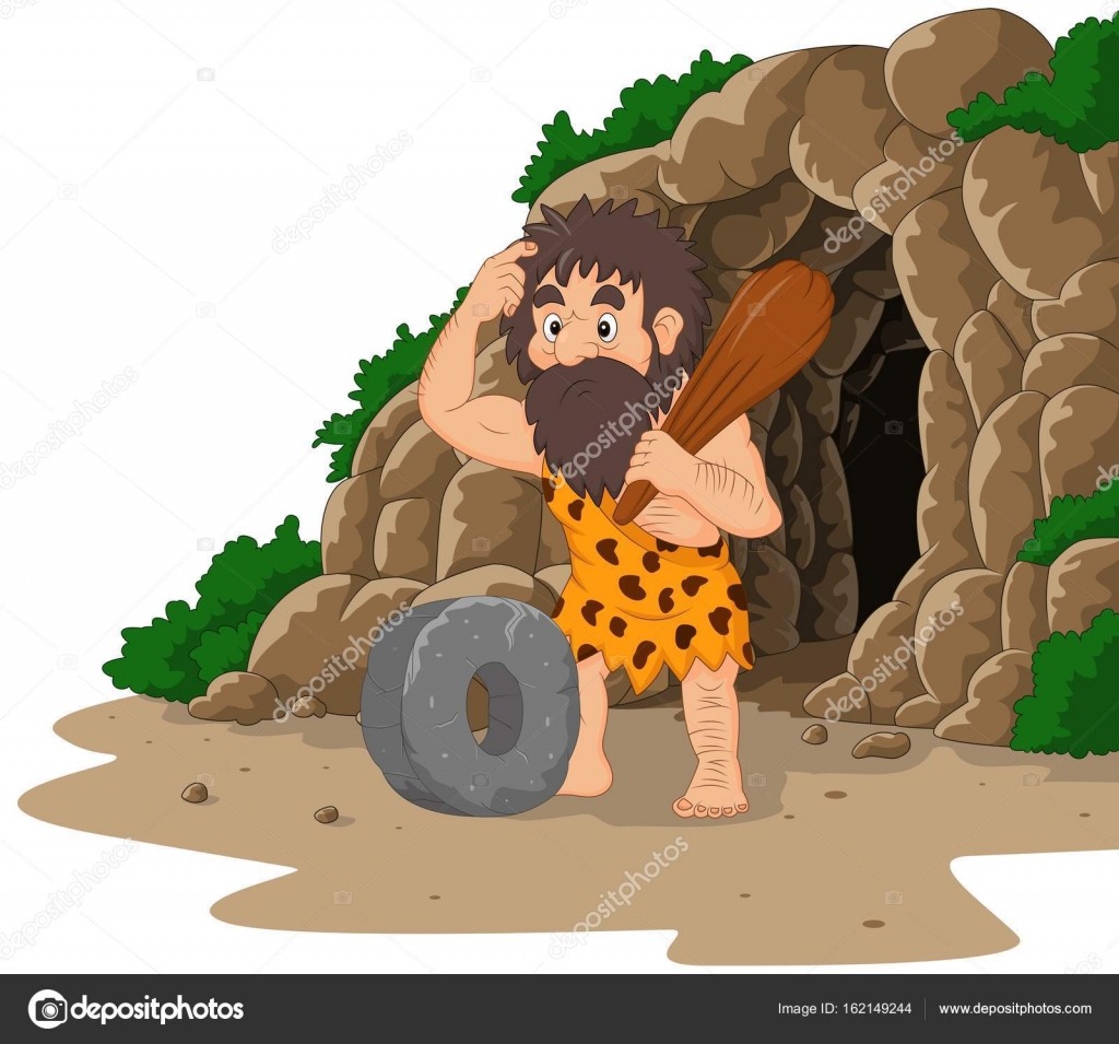 Cartoon caveman inventing stone wheel with cave background Stock Vector ...