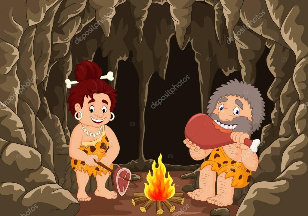 Dibujos animados pareja de cavernícolas prehistóricos con fondo de ...
