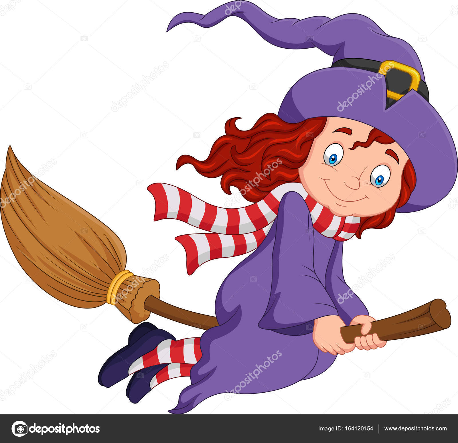 Dibujos animados joven bruja volando con una escoba Vector de stock por ©tigatelu 164120154
