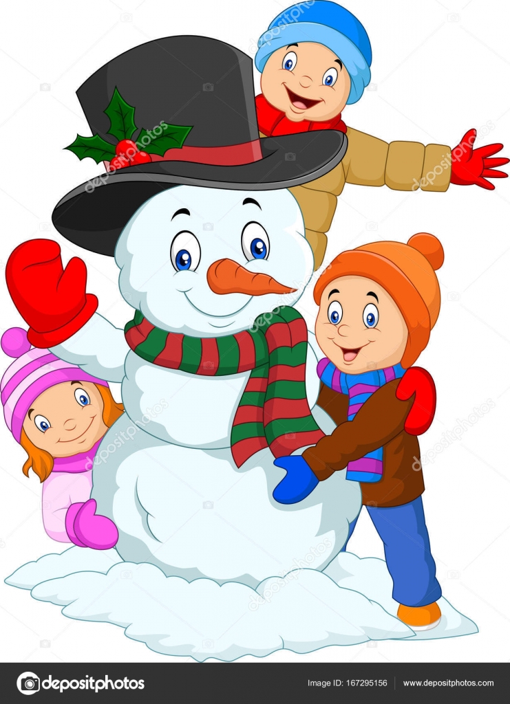 Cartoon kids playing with snowman isolated on white background Stock ...