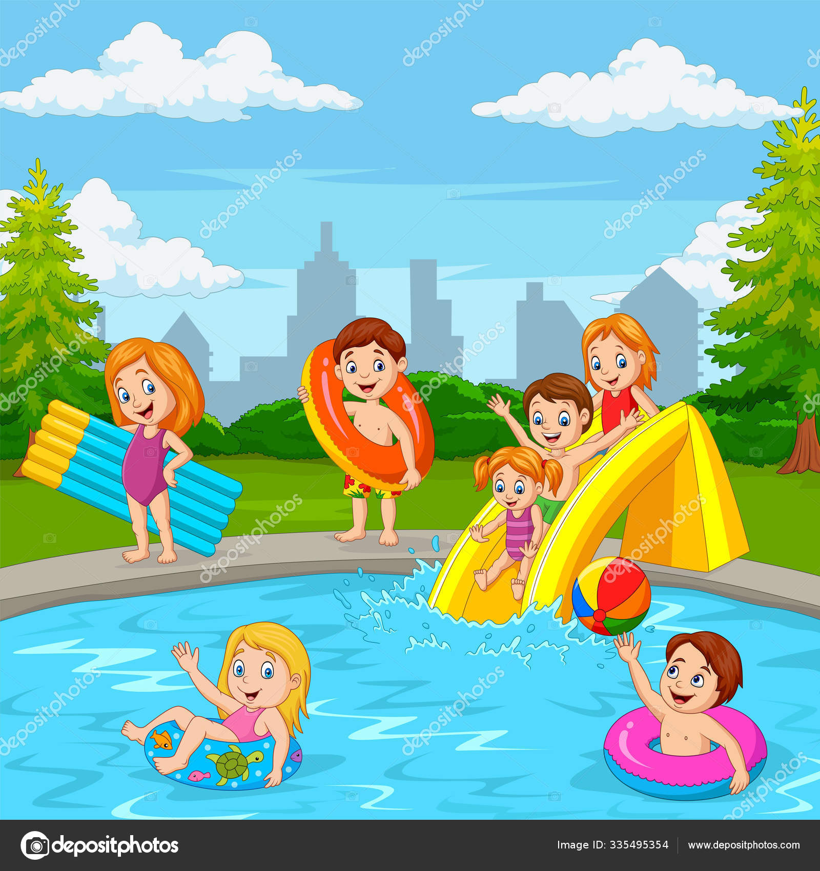 Vector Illustration Cartoon Happy Family Playing Swimming Pool Stock ...