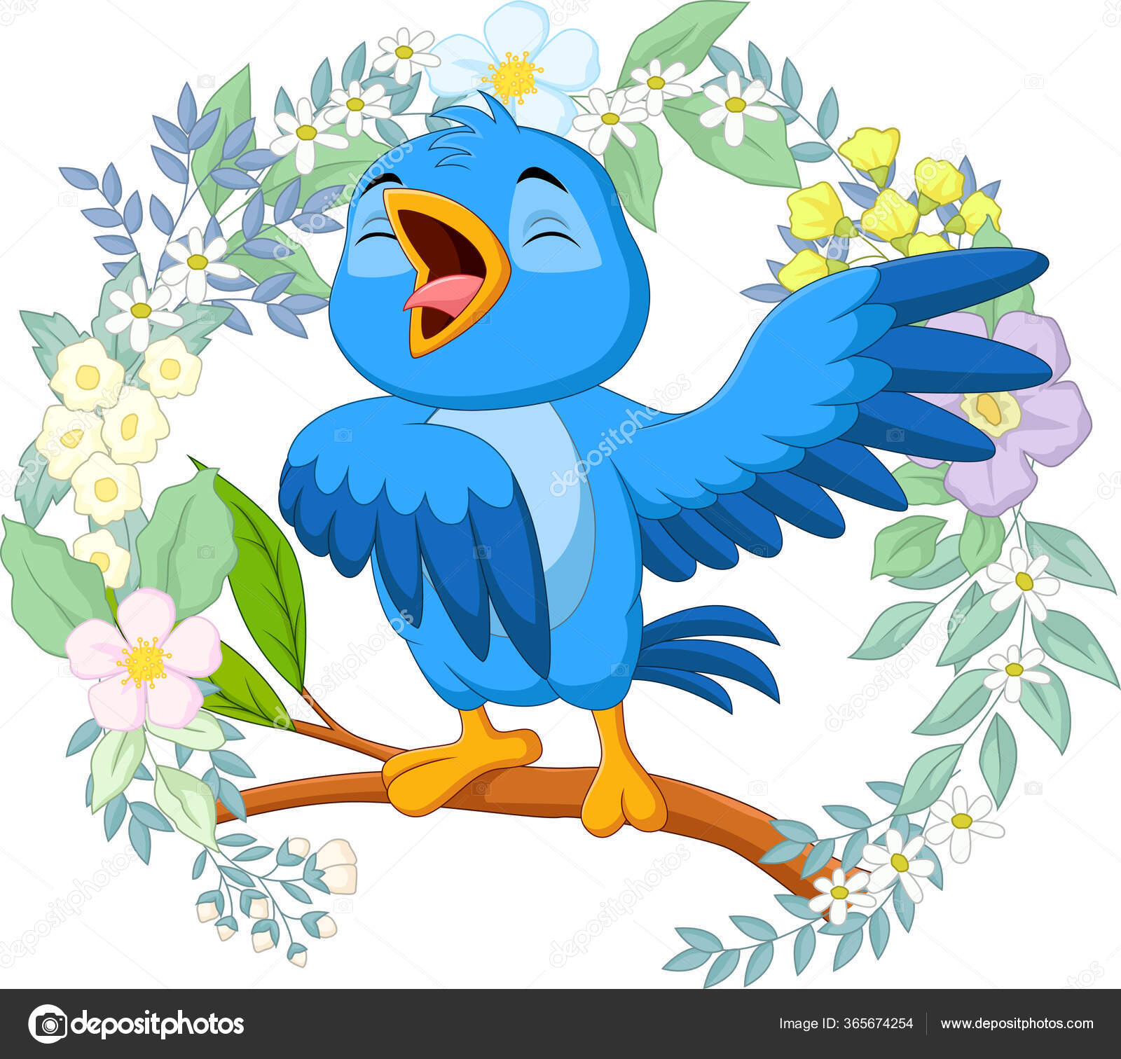 Vector Illustration Cartoon Blue Bird Singing Tree Branch Stock Vector ...