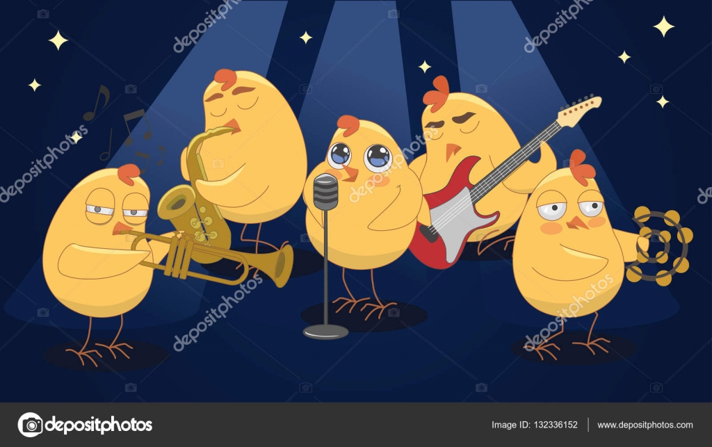 Young chickens play musical instruments on a blue background. ve Stock ...