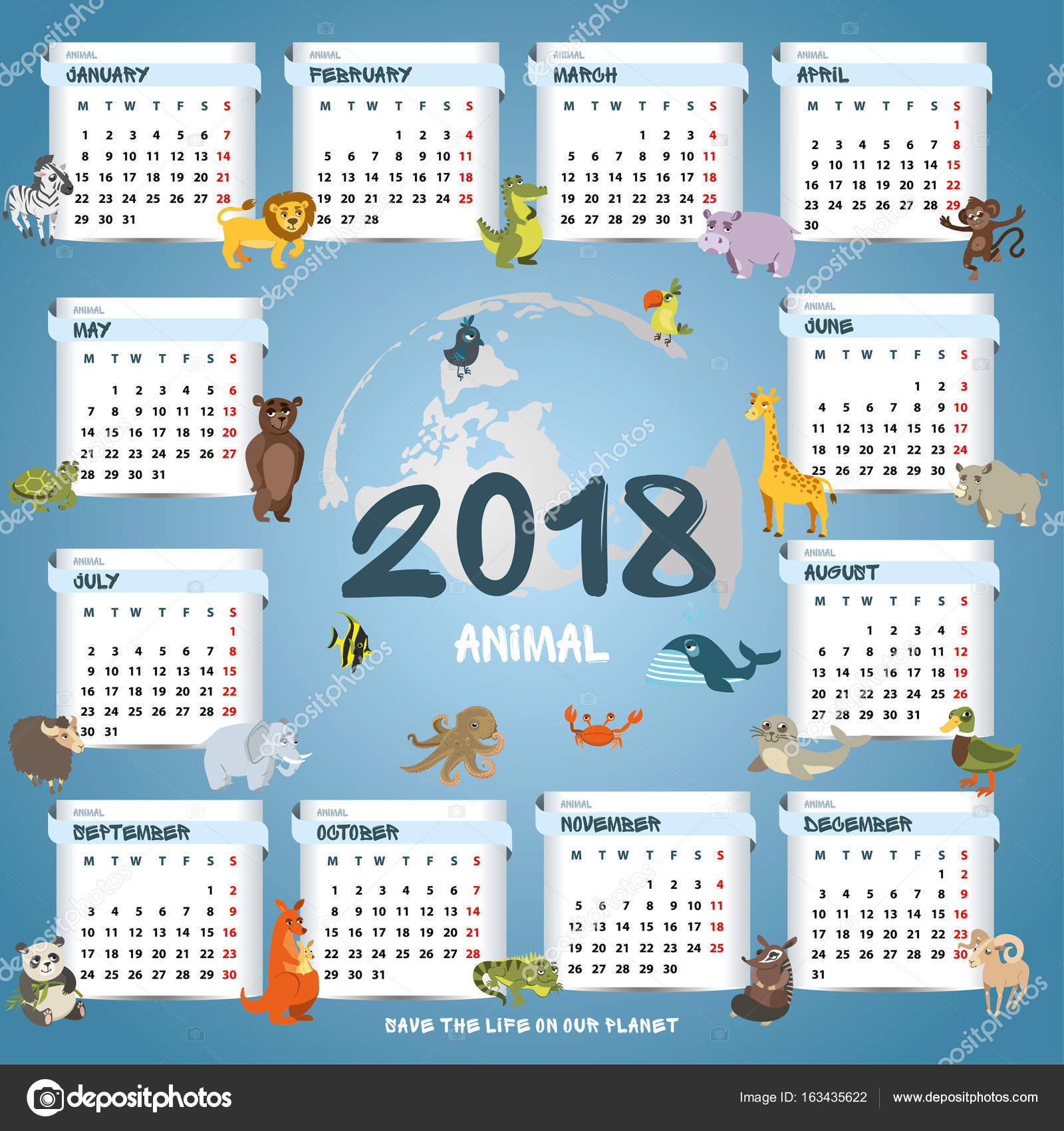 Square calendar 2018. different animals. vector image Stock Vector by ...