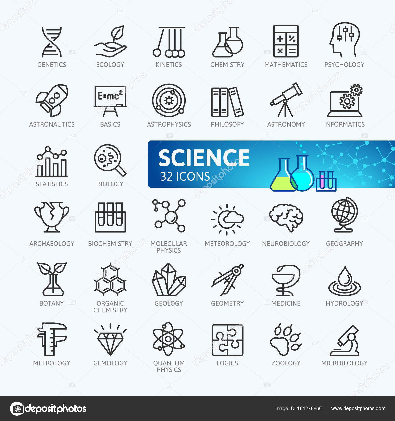 Science Scientific Activity Elements Minimal Thin Line Web Icon Set ...