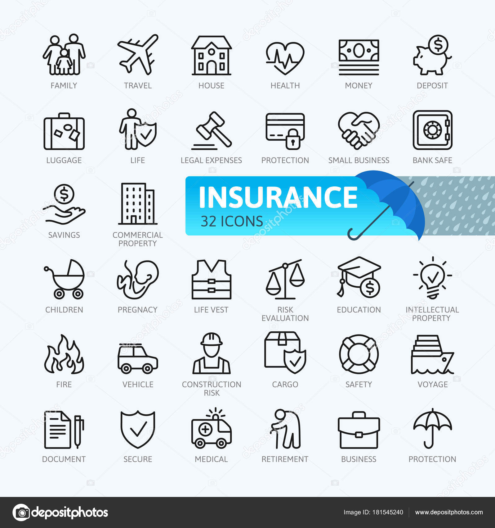 Insurance Elements Minimal Thin Line Web Icon Set Outline Icons — Stock ...