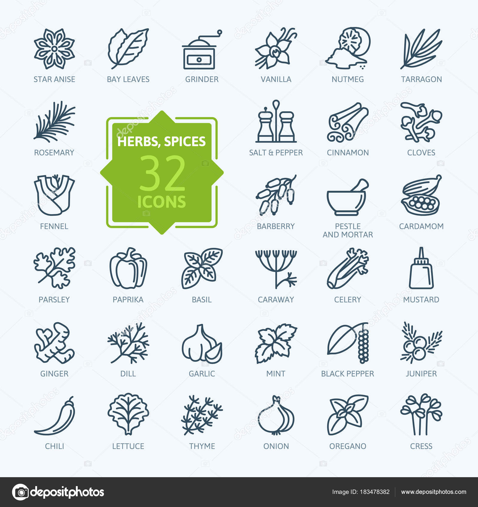 Spices Condiments Herbs Minimal Thin Line Web Icon Set Outline Stock ...