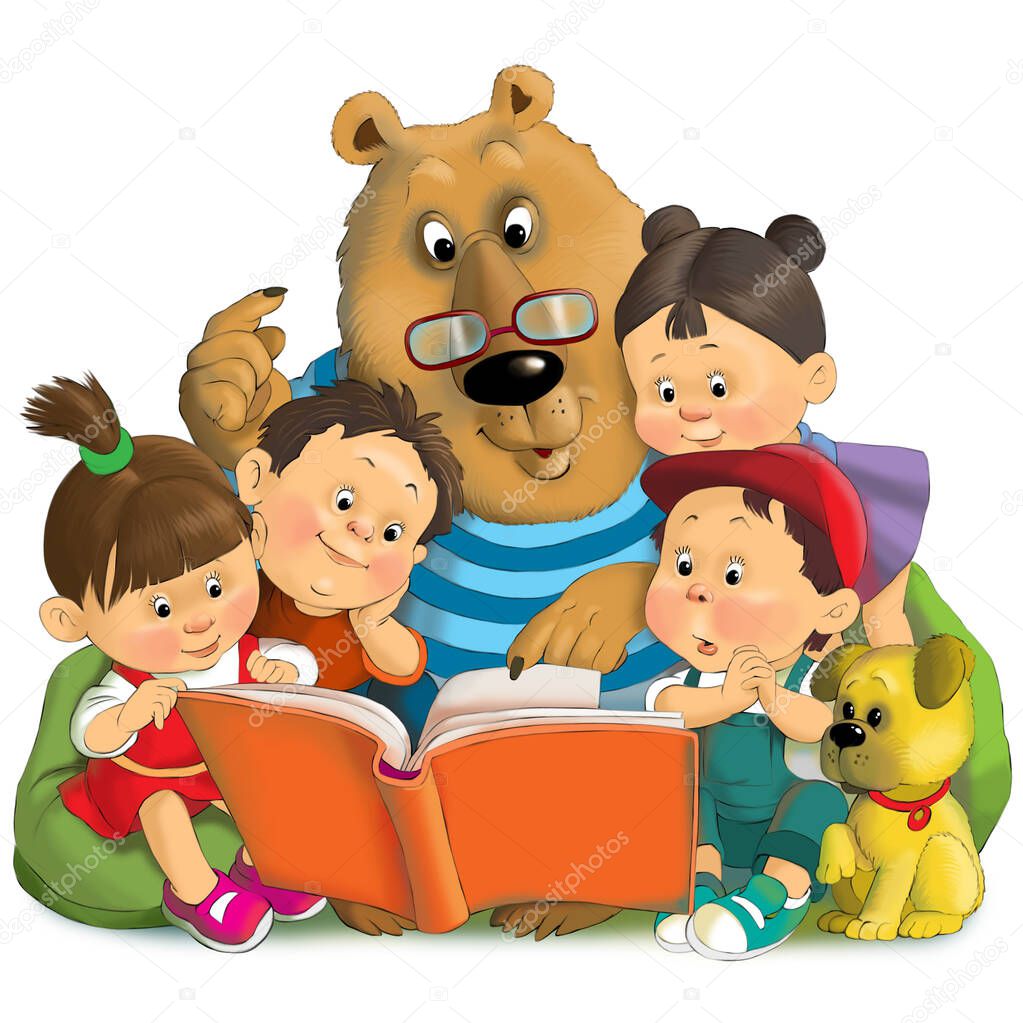 Ilustraci n infantil. Los amigos est n leyendo un libro interesante. Oso grande y ni os peque os ...