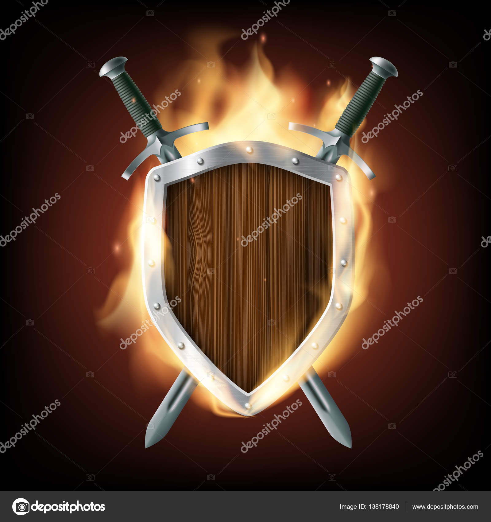 Wooden shield with swords on fire — Stock Photo © vantuz #138178840
