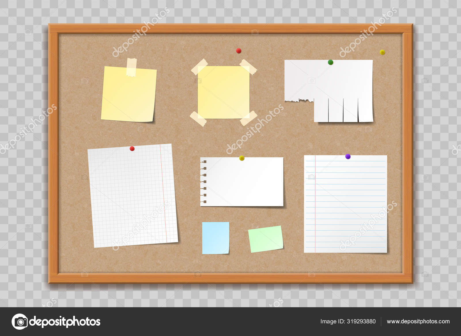 Hojas de papel y pegatinas en el tablón de anuncios de corcho Vector de ...