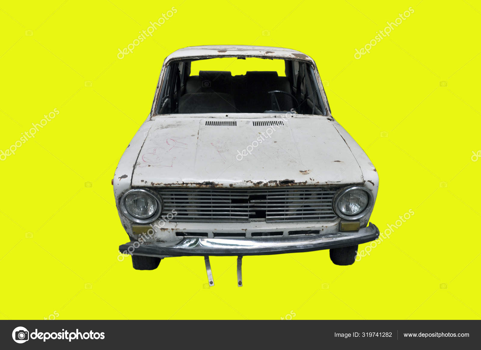 Soviet car VAZ-2101 Lada . Rusty, auto trash. Isolate on yellow ...
