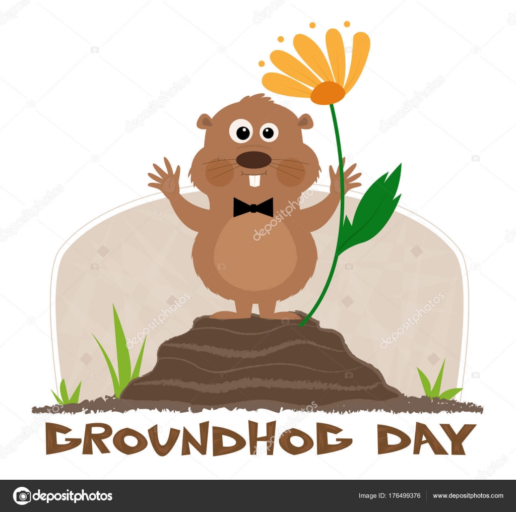 Groundhog Day Happy Groundhog Standing Mound Next Flower Groundhog Day ...