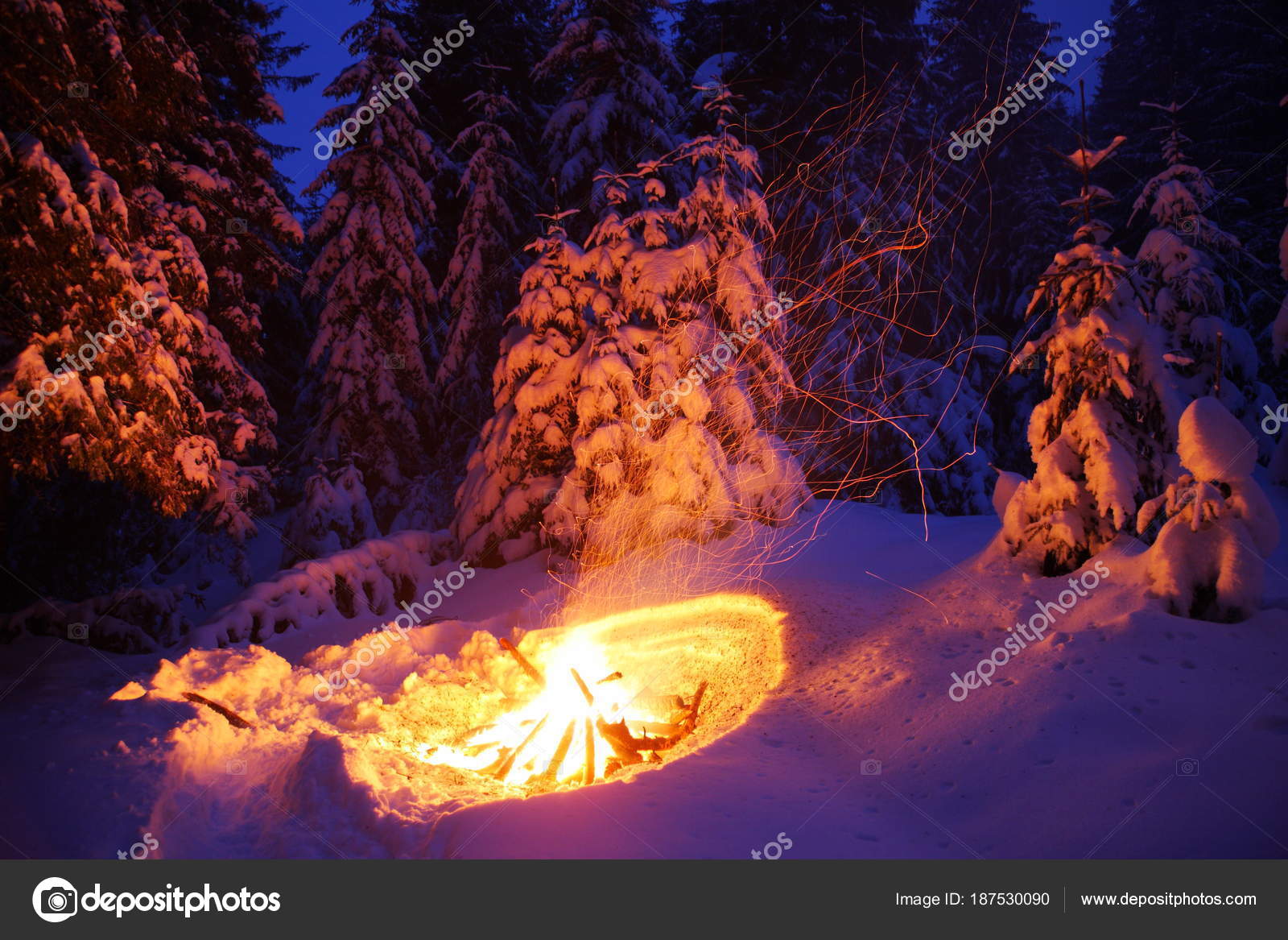 Bonfire in the winter forest illuminates the snow. Stock Photo by ...