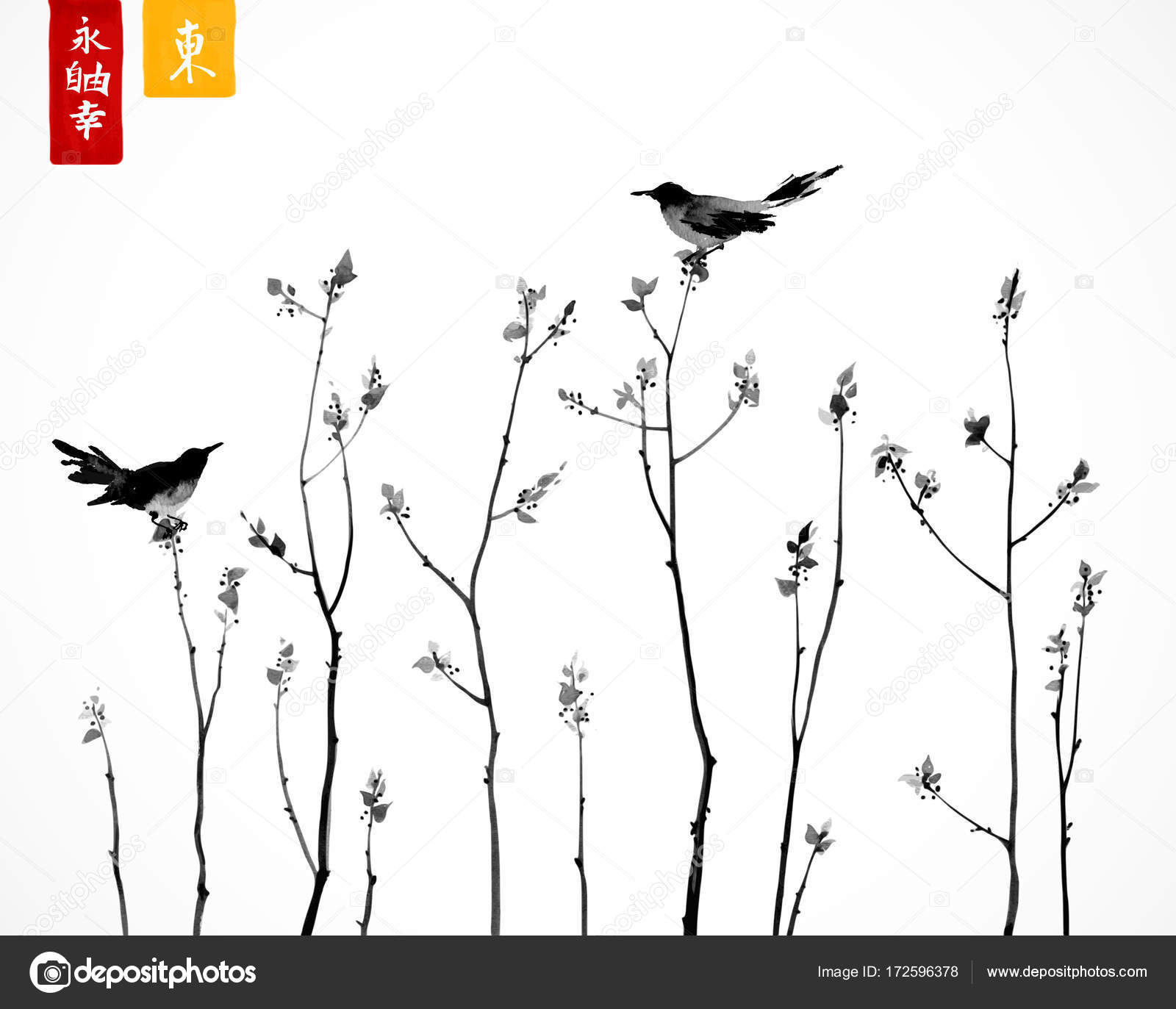 Two black birds on trees branches Stock Vector Image by ©Elinacious ...