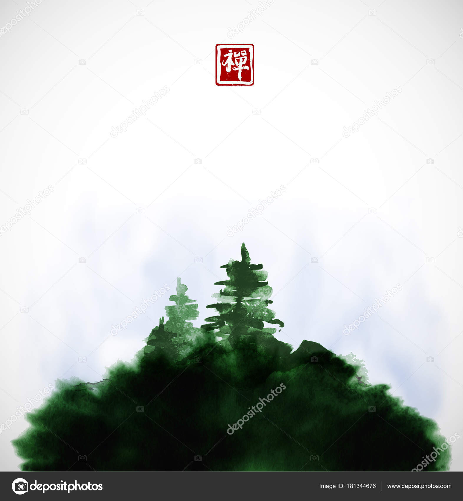 Stylized Black Ink Wash Painting Pine Trees Green Hill Mist — Stock ...