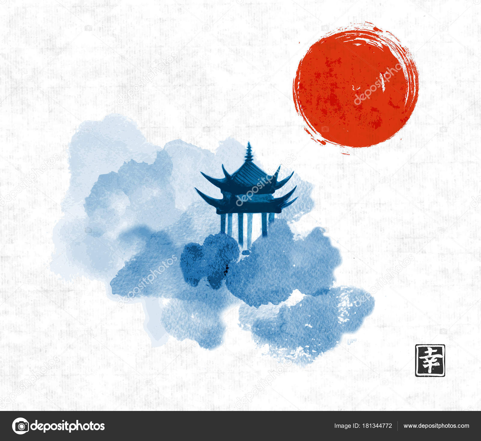 Blue Pagoda Temple Forest Trees White Glowing Background Traditional ...