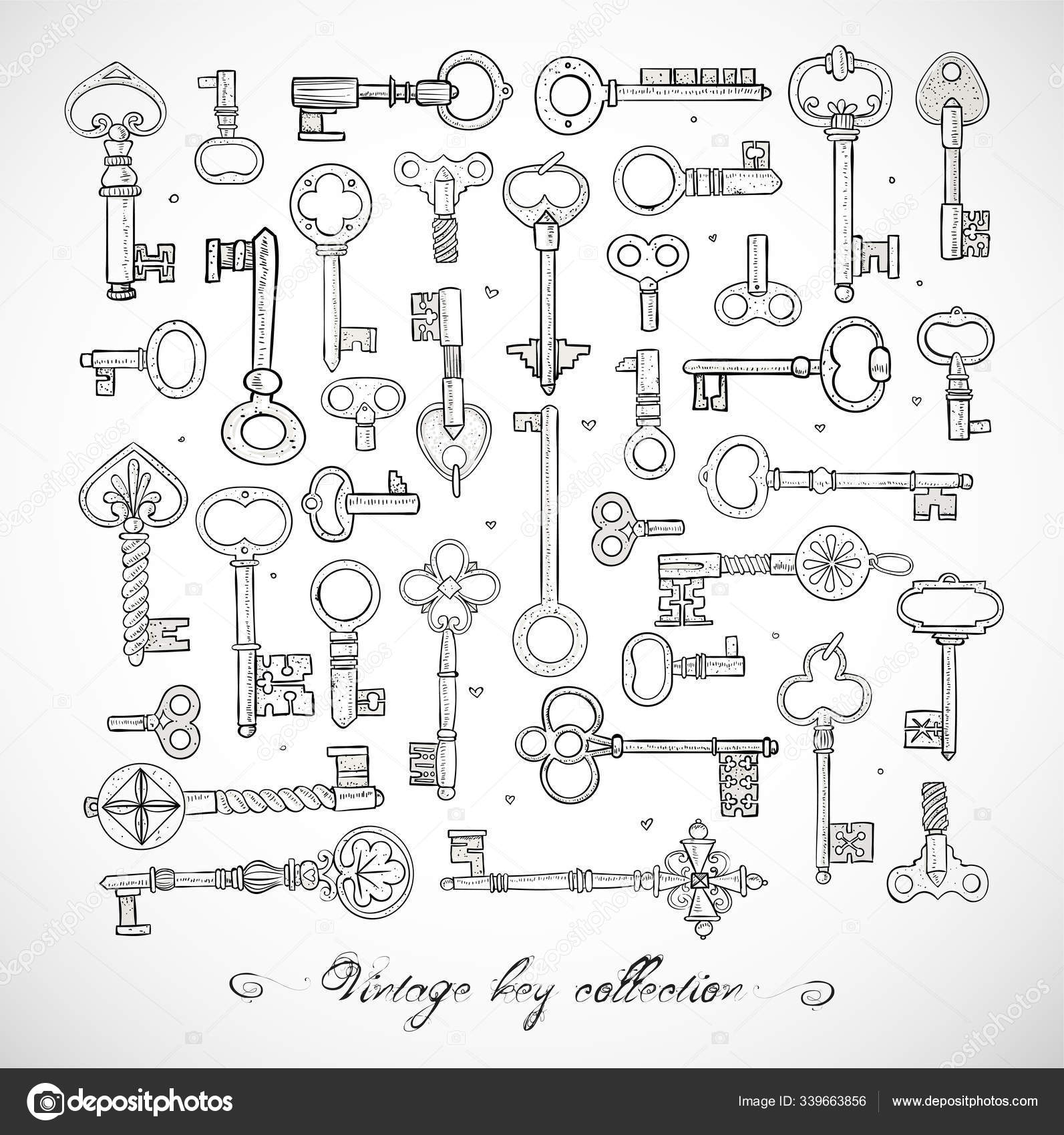 Big Collection Doodle Vintage Keys White Background Doodle Sketch ...