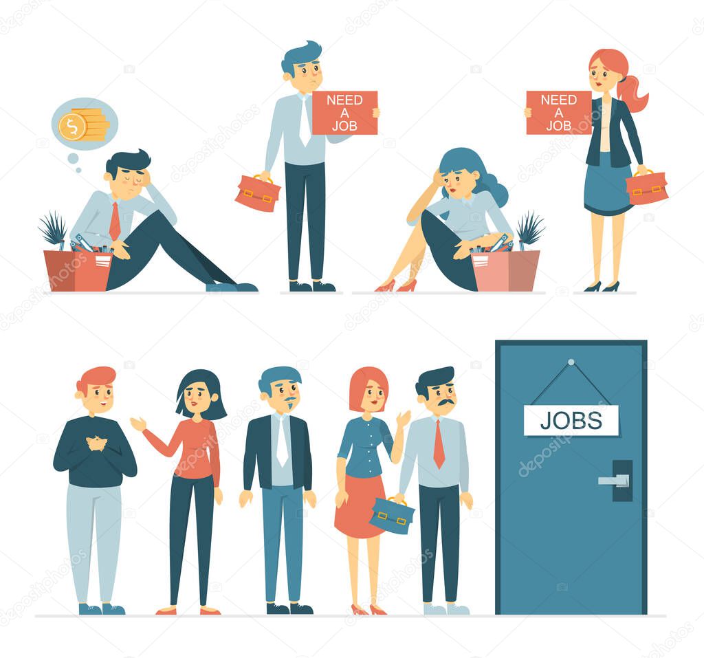 Desempleo conjunto vector aislado. Triste gente desempleada con cajas ...