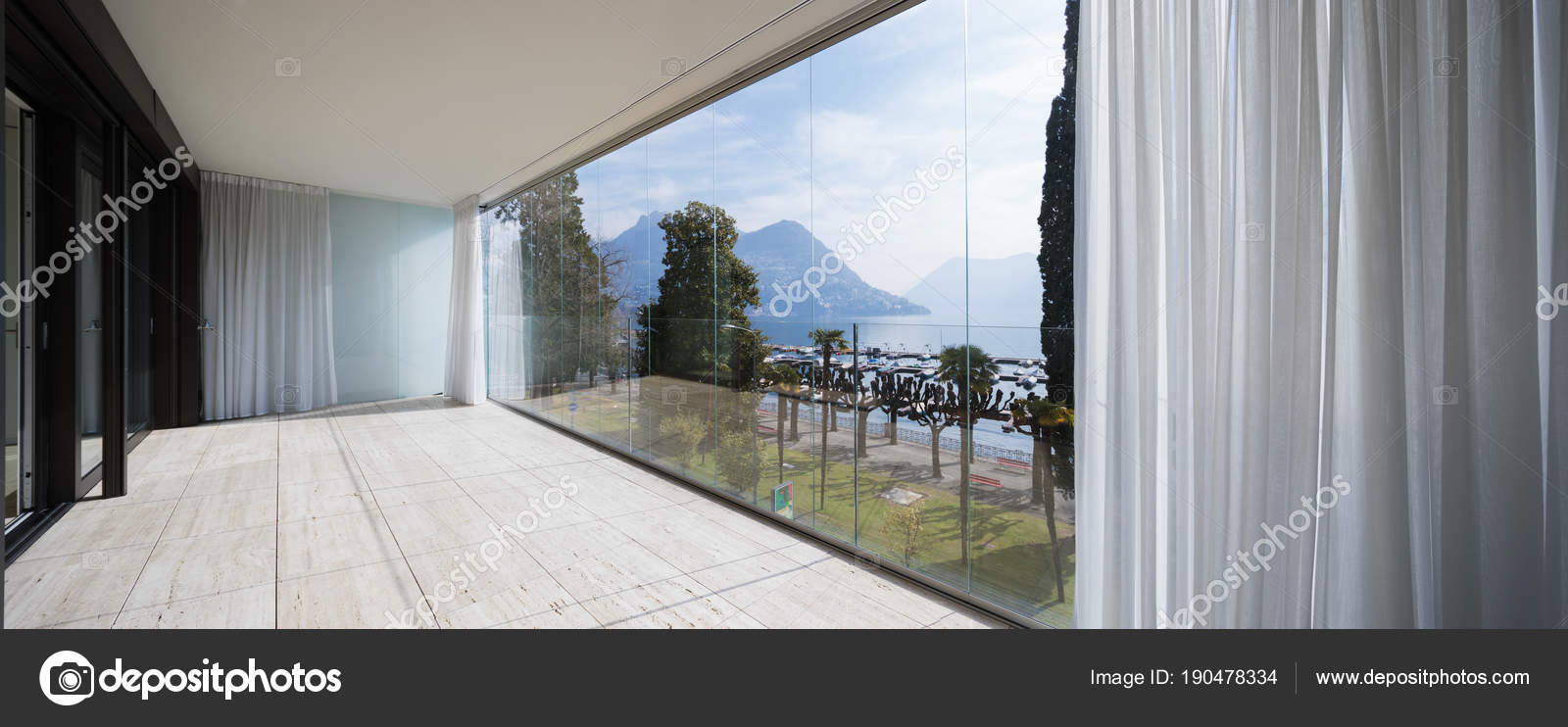 Terrace with large windows overlooking the nature — Stock Photo ...