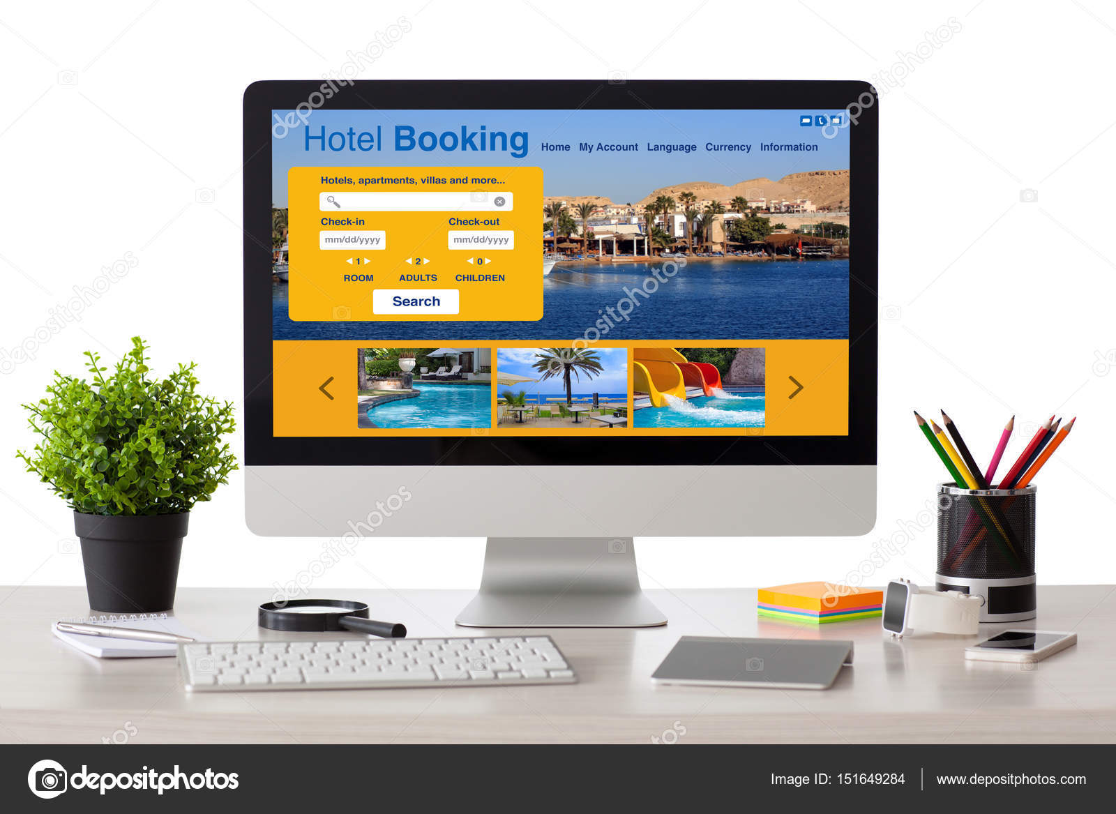 Computer with hotel booking screen on table in office — Stock Photo ...