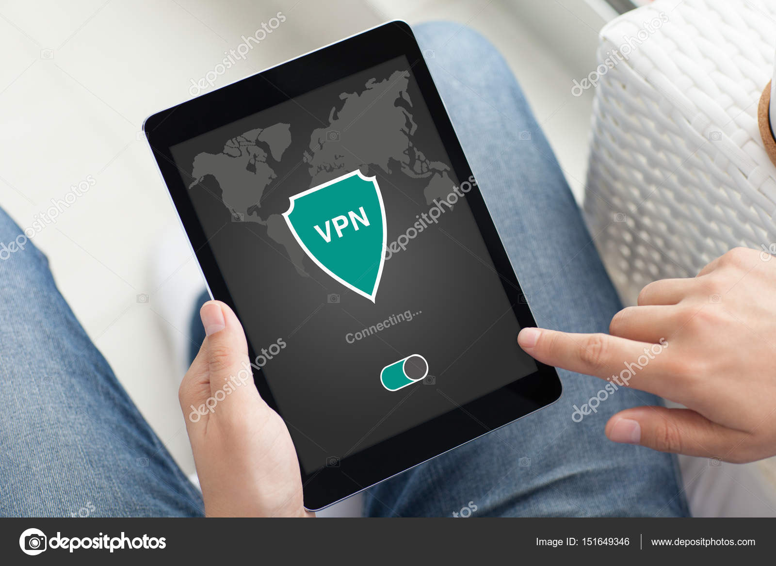 Man holding tablet app vpn creation Internet protocols protectio ...