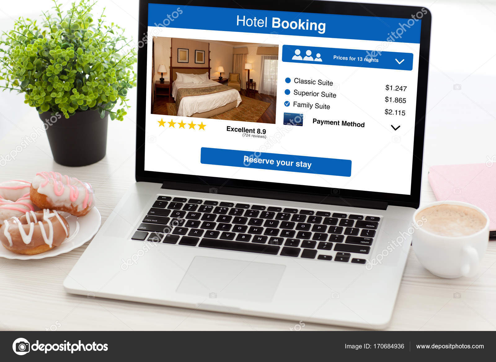 Notebook with app hotel booking screen on desk in office — Stock Photo ...