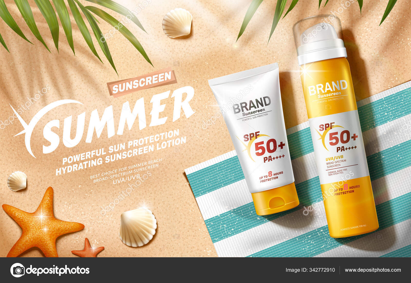 Sonnencreme-Werbung am entspannten Sommerstrand Stock-Vektorbild von ©RollingStonesStudio 342772910
